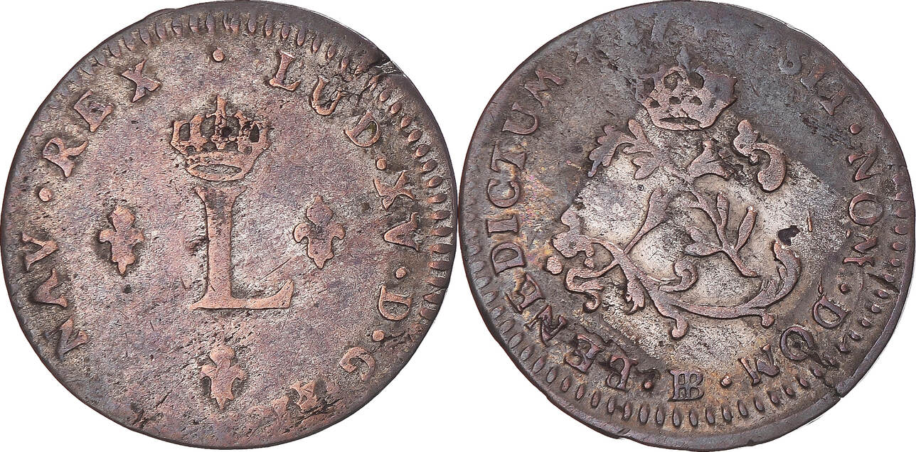 France 2 Sols 1744 BB Coin, Louis XV, Double sol (2 sous) en billon ...