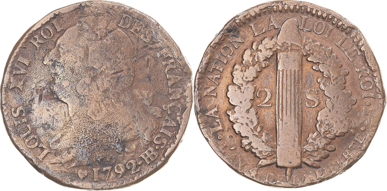 France 1792 BB Coin, Louis XVI, 2 sols français, Strasbourg VF(20-25 ...