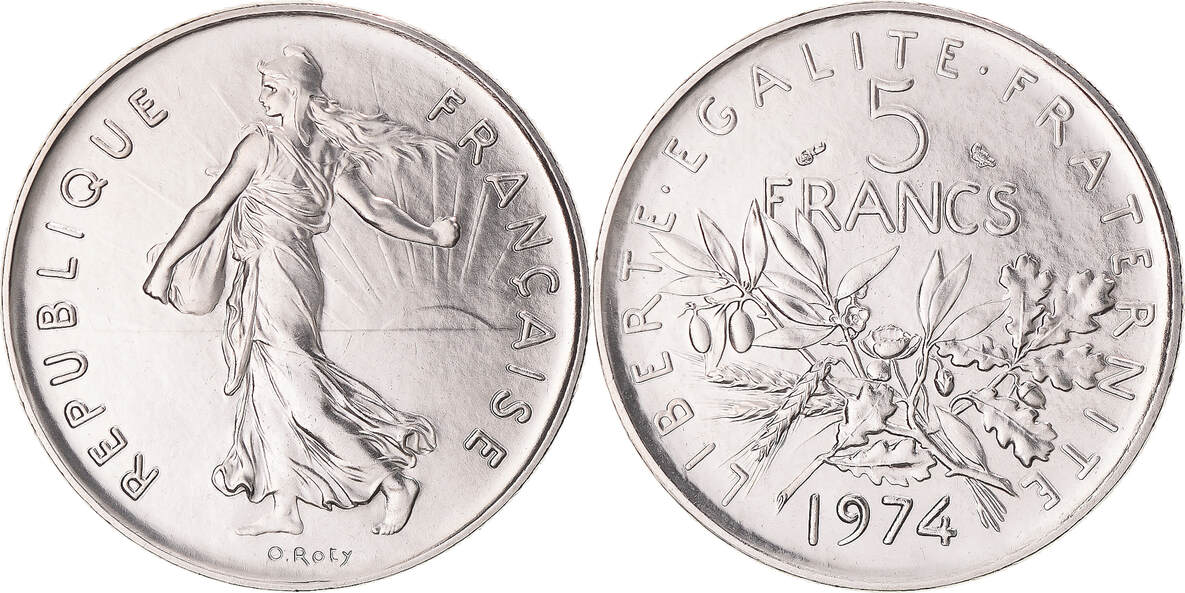 France 5 Francs 1974 Paris Coin, Semeuse, Paris, Nickel Clad MS(65-70) | MA-Shops