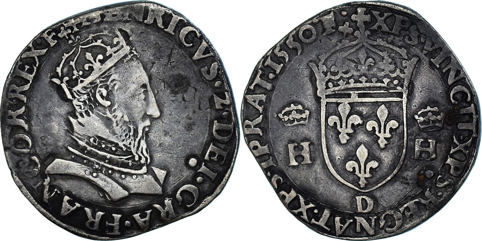 France Teston au buste lauré 1550 Lyon Coin, Henri II, Lyon, Rare VF(30 ...