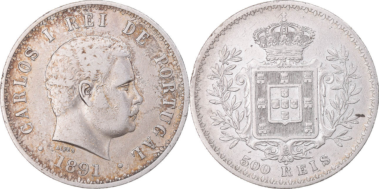 Portugal 500 Reis 1891 Coin, Carlos I, Silver, KM:535 EF(40-45) | MA-Shops