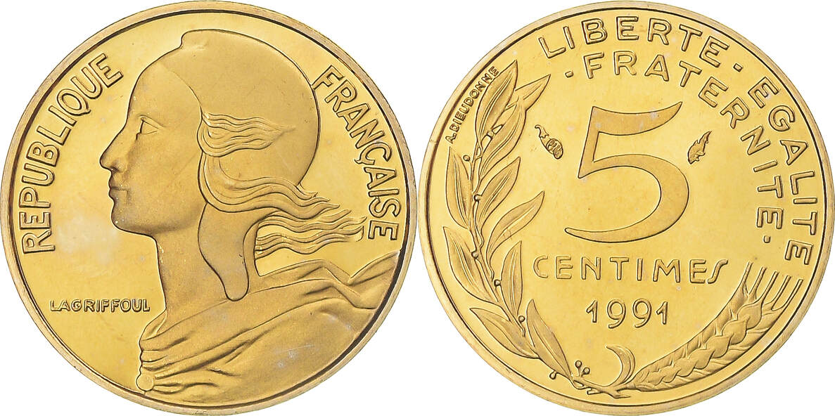 France 5 Centimes 1991 Paris Coin, Marianne, Paris, BE, Aluminum-Bronze ...