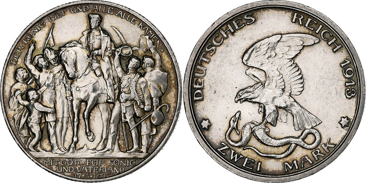 German States 2 Mark 1913 A PRUSSIA, Wilhelm II, Berlin, Silver AU(50 ...