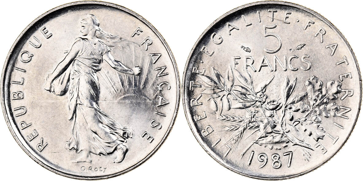 France 5 Francs 1987 Paris Semeuse, Paris, BU, Nickel Clad Copper-Nickel MS(65-70) | MA-Shops