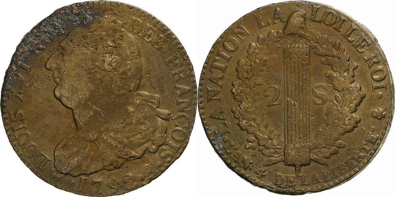 France 1792 - (An 4) A Constitution, 2 sols françois, Paris, Bronze VF ...