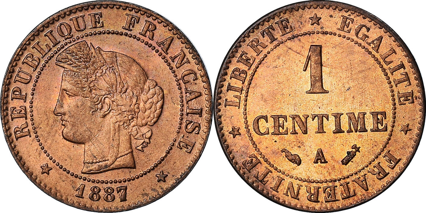 France Centime 1887 A Coin, Cérès, Paris, Bronze, KM:826.1 MS(65-70 ...