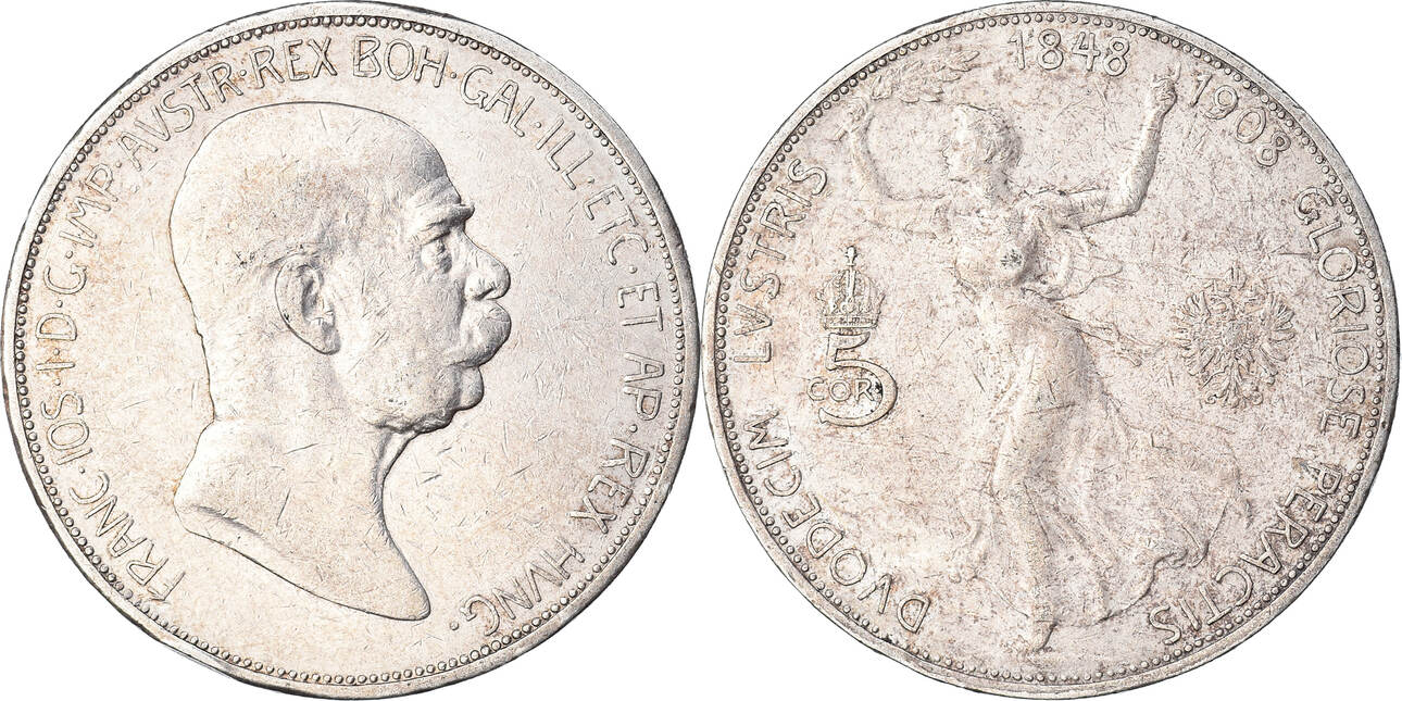 Austria 5 Corona 1908 Coin, Franz Joseph I, Silver, KM:2809 VF(20-25 ...