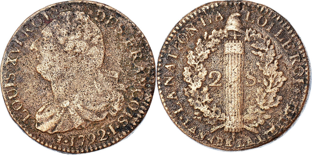 France 1792 I Coin, 2 sols françois, Limoges, Bronze F(12-15) | MA-Shops