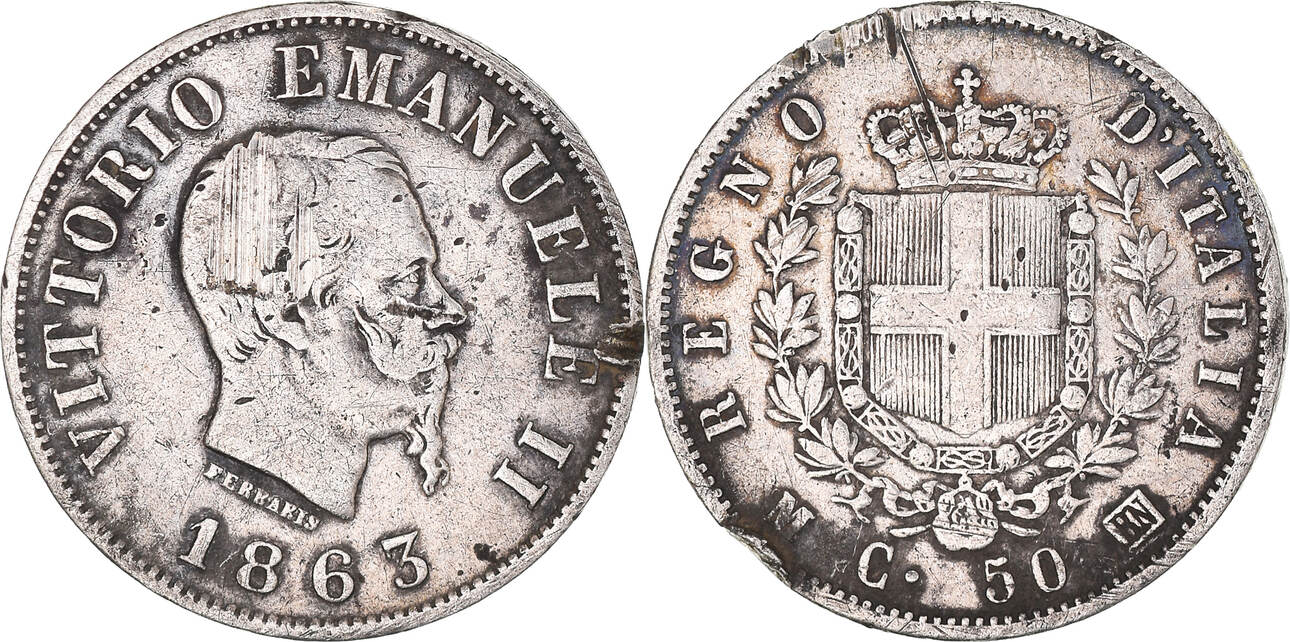 Italy 50 Centesimi 1863 M Coin, Vittorio Emanuele II, Milan, Silver VF ...