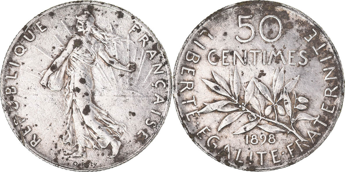 France 50 Centimes 1898 Paris Coin, Semeuse, Paris, Silver, KM:854 EF(40-45) | MA-Shops