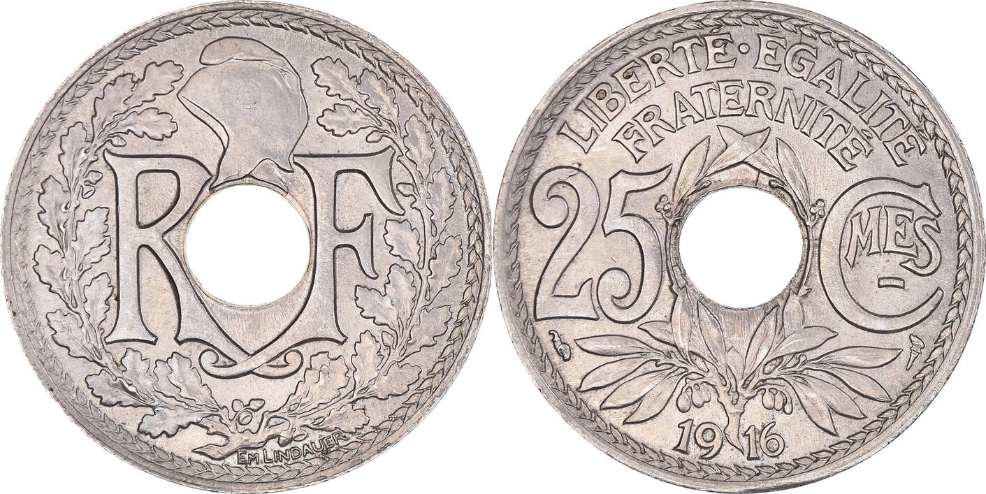 France 25 Centimes 1916 Coin, Lindauer, Nickel, KM:867 MS(60-62) | MA-Shops