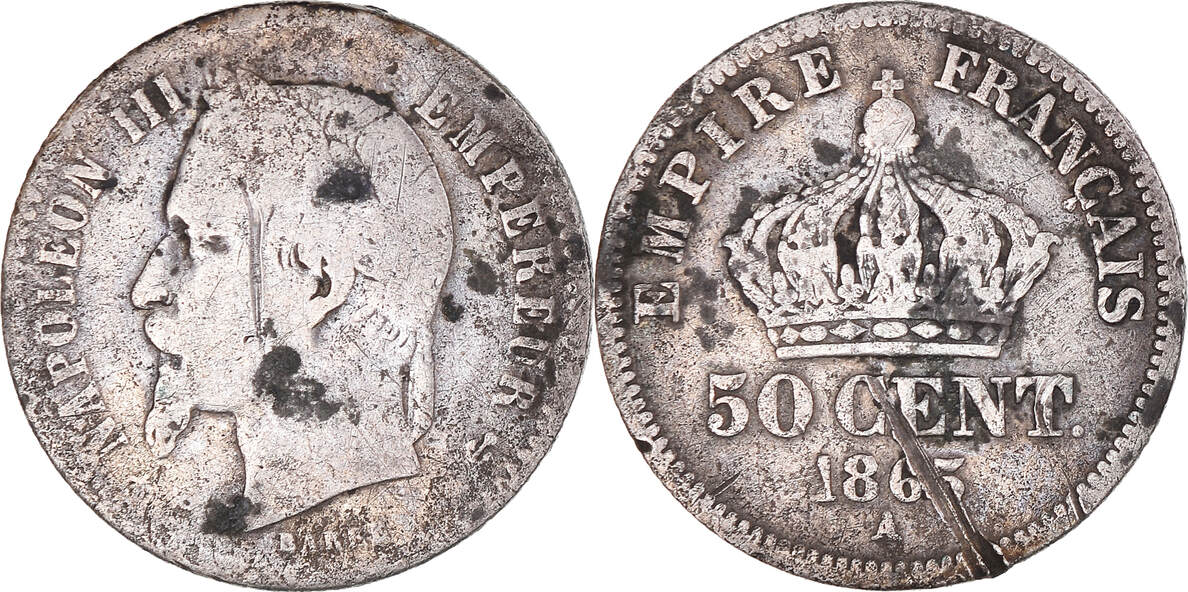 France 50 Centimes 1865 A Coin, Napoleon III, Napoléon III, Paris VF(20 ...
