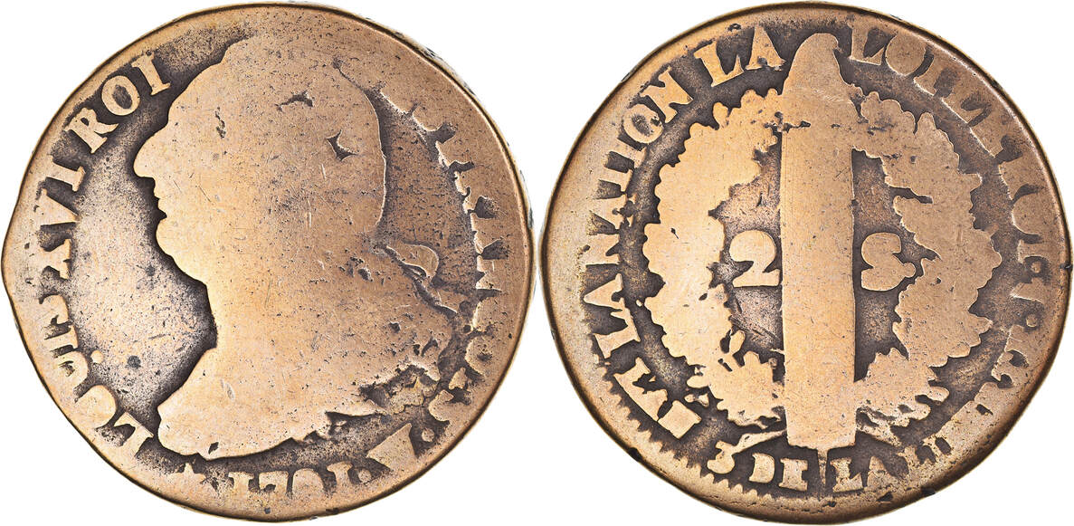 France 1791 / AN 3 W Coin, 2 sols françois, Lille, Bronze F(12-15) | MA ...