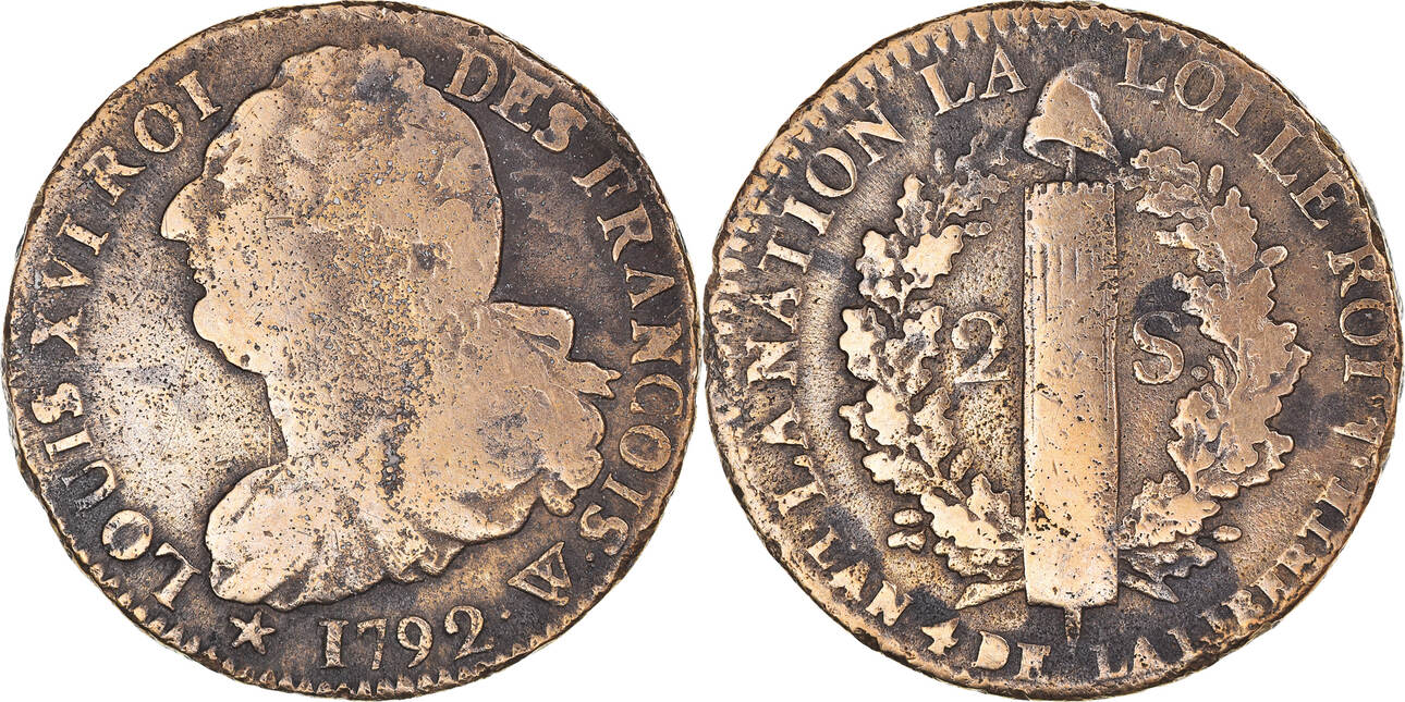 France 1792 / AN 4 W Coin, 2 sols françois, Lille, Bronze VF(20-25 ...