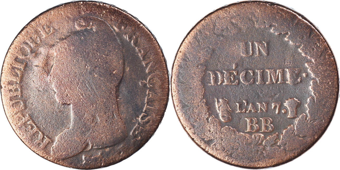France Decime AN 7 BB Coin, Dupré, Strasbourg, flan court, Bronze VF(20 ...