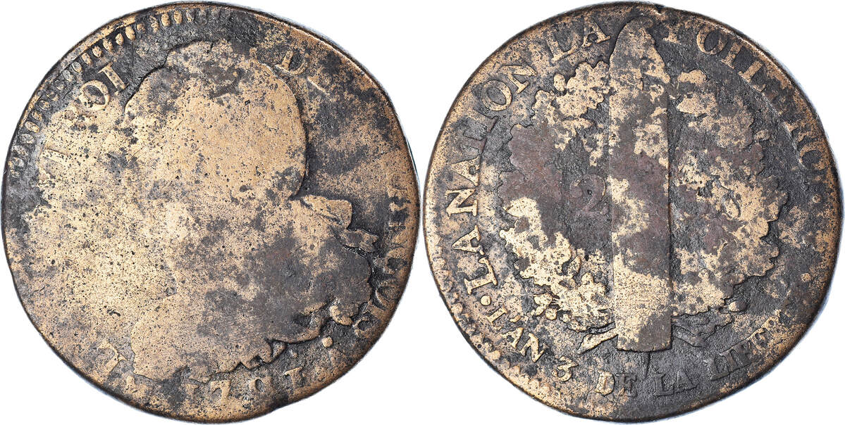 France 1791 / AN 3 A Coin, 2 sols françois, Paris, Bronze F(12-15) | MA ...