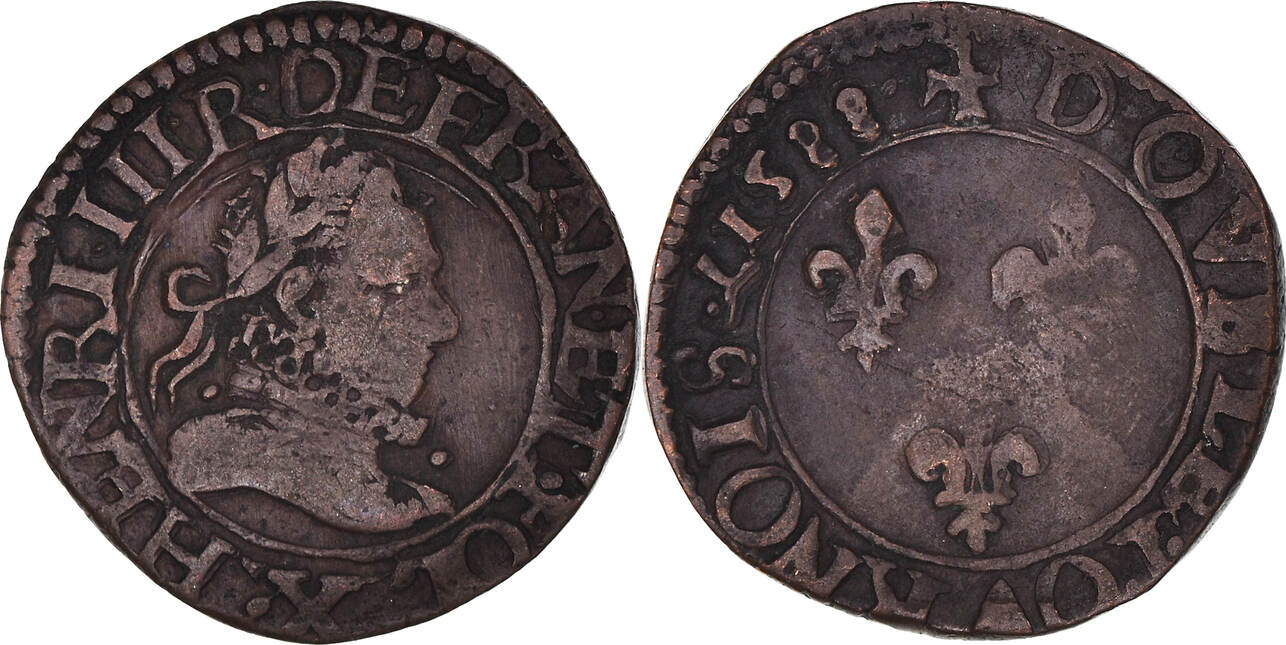 France Double Tournois 1588 Amiens Coin, Henri III, Amiens, Copper VF ...