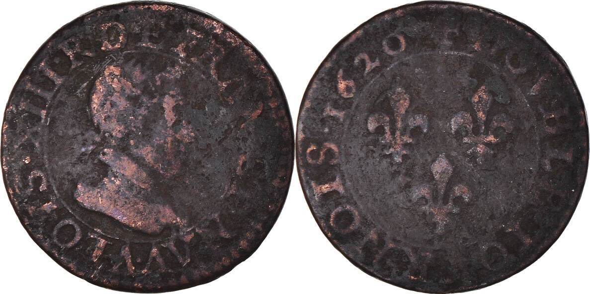 France Double Tournois 1620 Paris Coin, Louis XIII, Paris, Copper F(12 ...