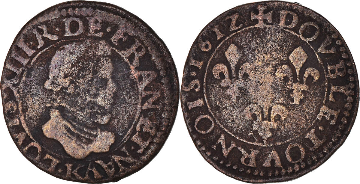 France Double Tournois 1612 Bordeaux Coin, Louis XIII, Bordeaux, Copper ...