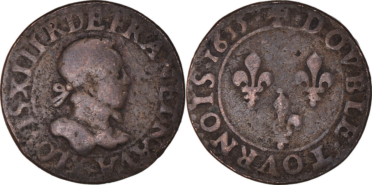 France Double Tournois 1615 Amiens Coin, Louis XIII, Amiens, Copper VF ...
