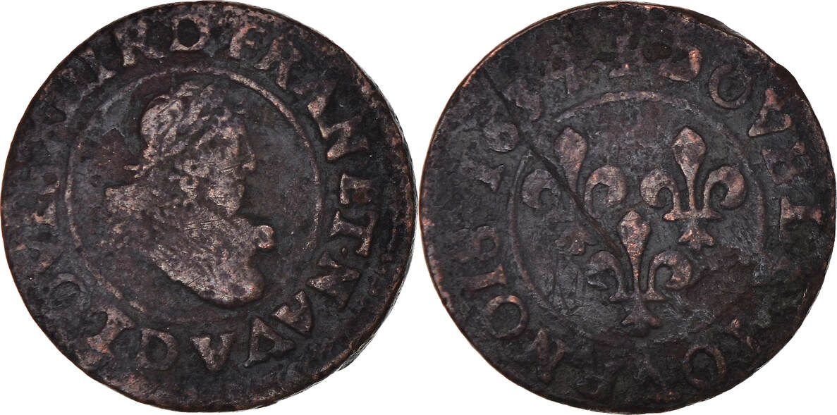 France Double Tournois 1634 Lyon Coin, Louis XIII, Lyon, Copper VF(20 ...