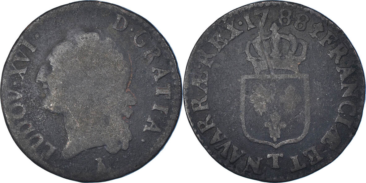 France 1788 T Coin, Louis XVI, 1/2 Sol ou 1/2 sou, Nantes VF(20-25 ...