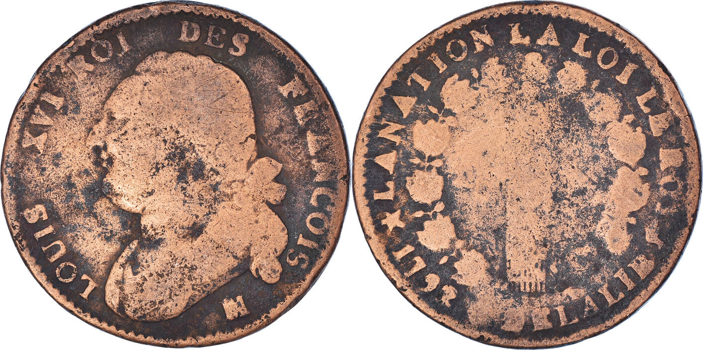 France 1792 MA Coin, Louis XVI, 12 deniers françois, Marseille VF(20-25 ...