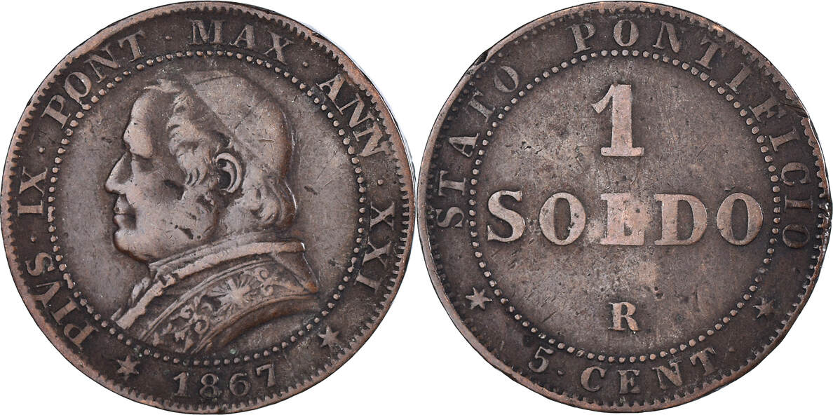 ITALIAN STATES Soldo, 5 Centesimi 1867 R Coin, PAPAL STATES, Pius IX ...