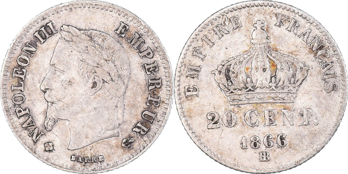 France 20 Centimes 1866 BB Coin, Napoleon III, Strasbourg, Silver EF(40-45) | MA-Shops