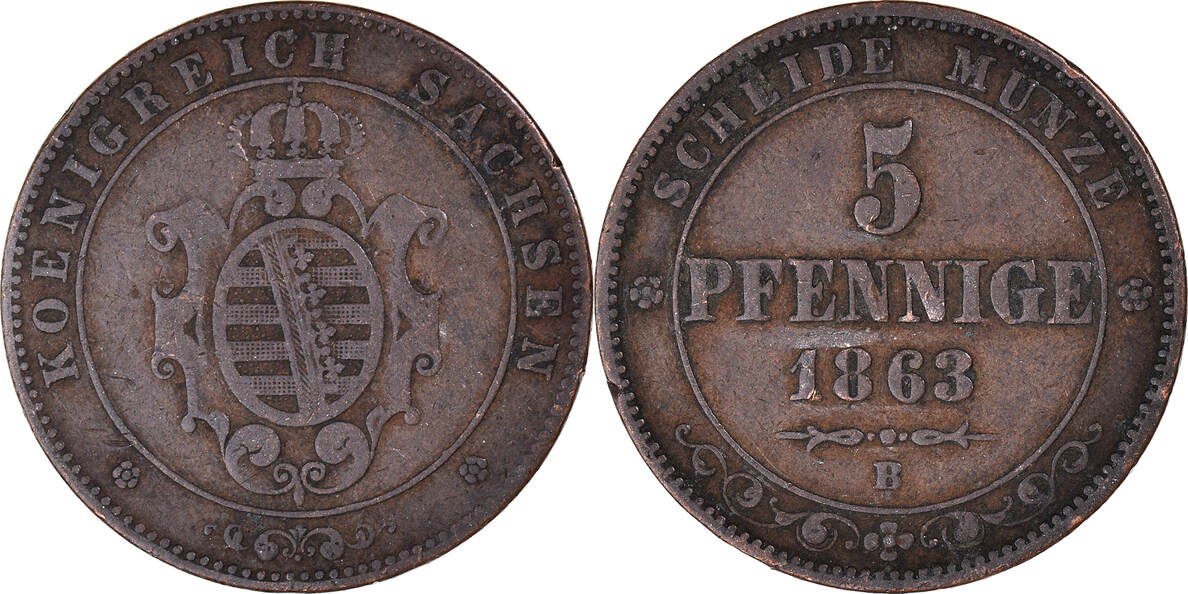 German States 5 Pfennig 1863 Dresden Coin, SAXONY-ALBERTINE, Johann ...