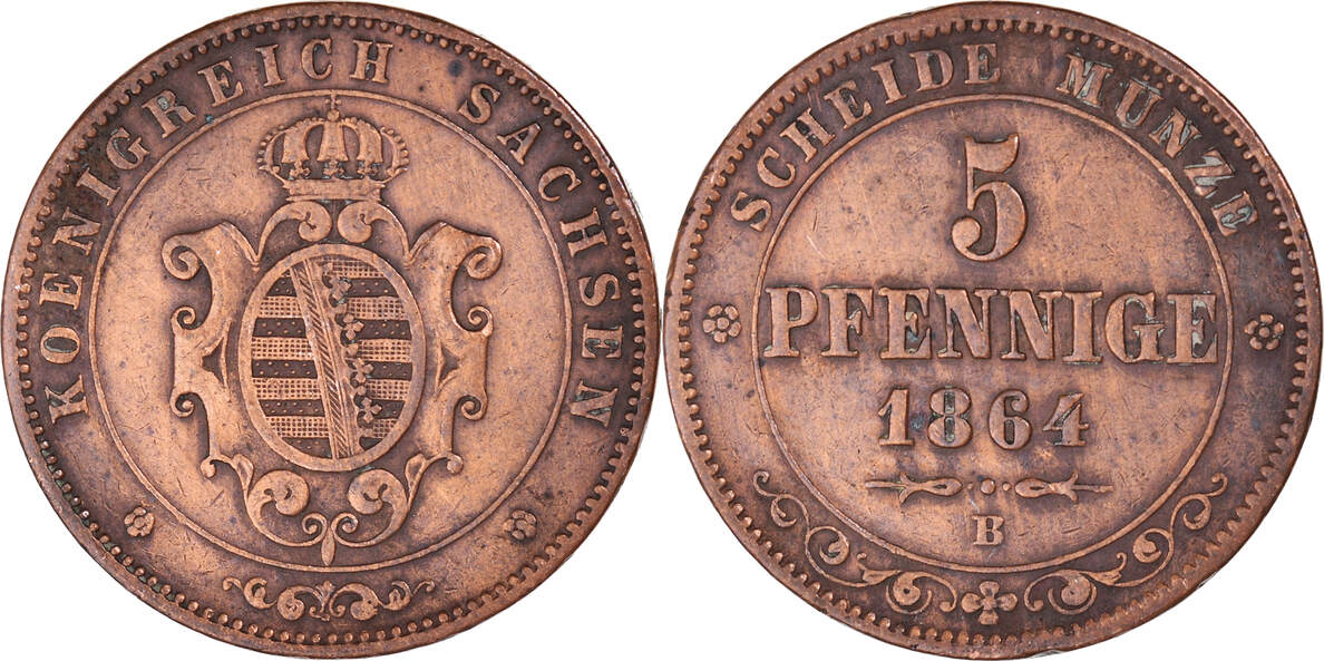 German States 5 Pfennig 1864 Dresden Coin, SAXONY-ALBERTINE, Johann ...