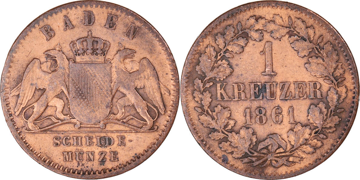German States Kreuzer 1861 Coin, BADEN, Friedrich I, Copper EF(40-45 ...