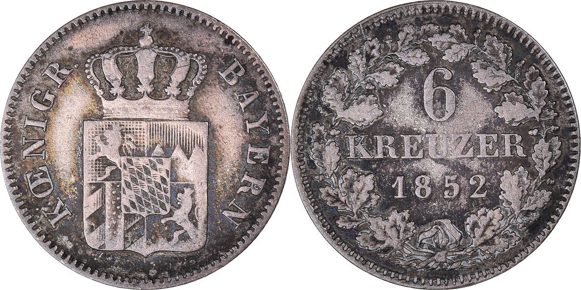 German States 6 Kreuzer 1852 Munich Coin, BAVARIA, Ludwig I, Munich VF ...