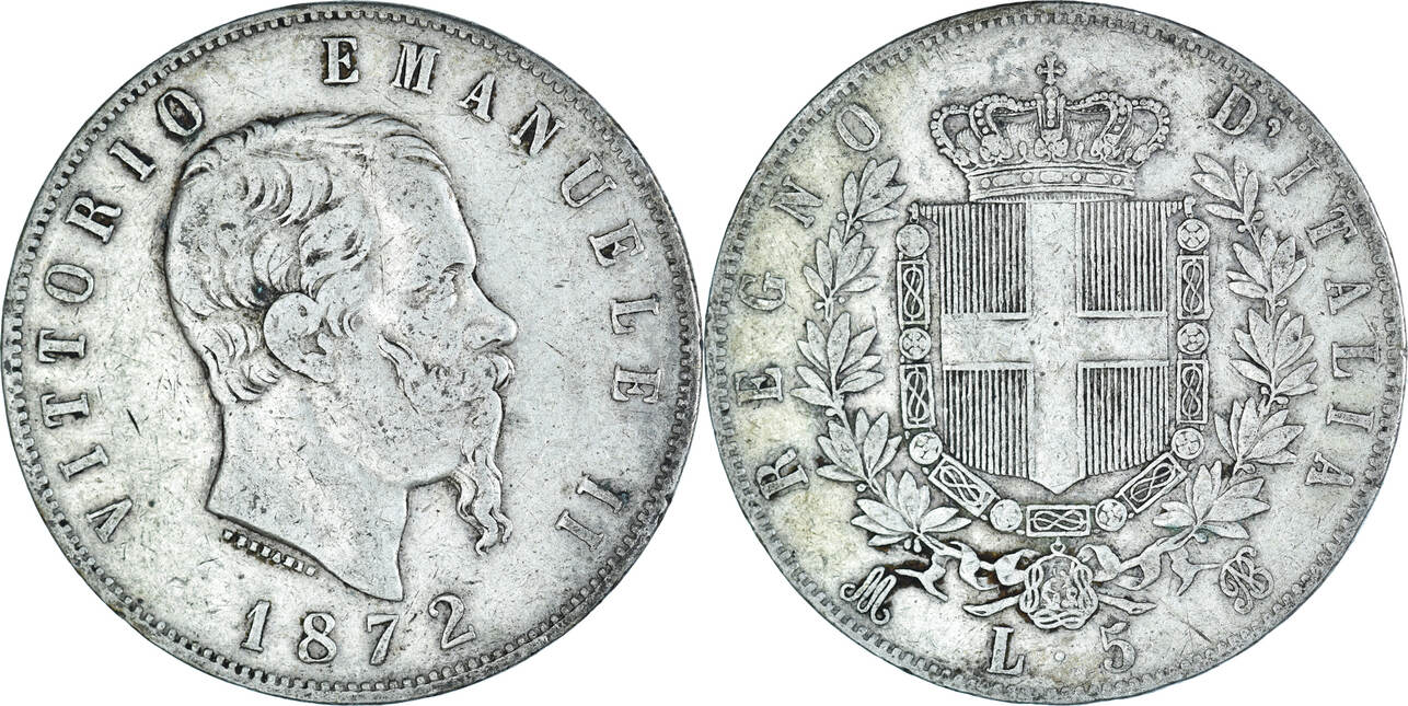Italy 5 Lire 1872 M Coin, Vittorio Emanuele II, Milan, Silver VF(30-35 ...