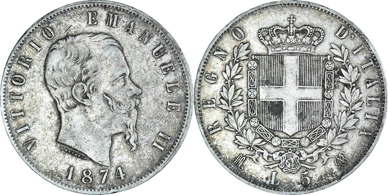 Italy 5 Lire 1874 M Coin, Vittorio Emanuele II, Milan, Silver VF(30-35 ...