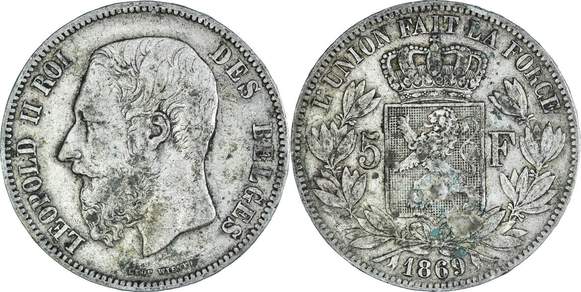 Belgium 5 Francs, 5 Frank 1869 Brussels Coin, Leopold II, Brussels ...