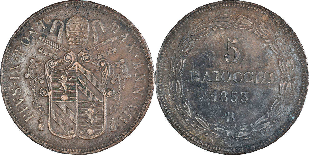 ITALIAN STATES 5 Baiocchi 1853 R Coin, PAPAL STATES, Pius IX, Roma EF ...