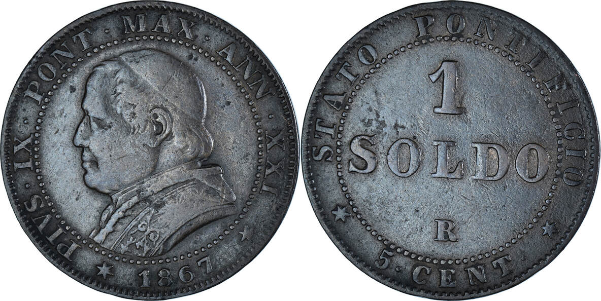 ITALIAN STATES Soldo, 5 Centesimi 1867 R Coin, PAPAL STATES, Pius IX ...