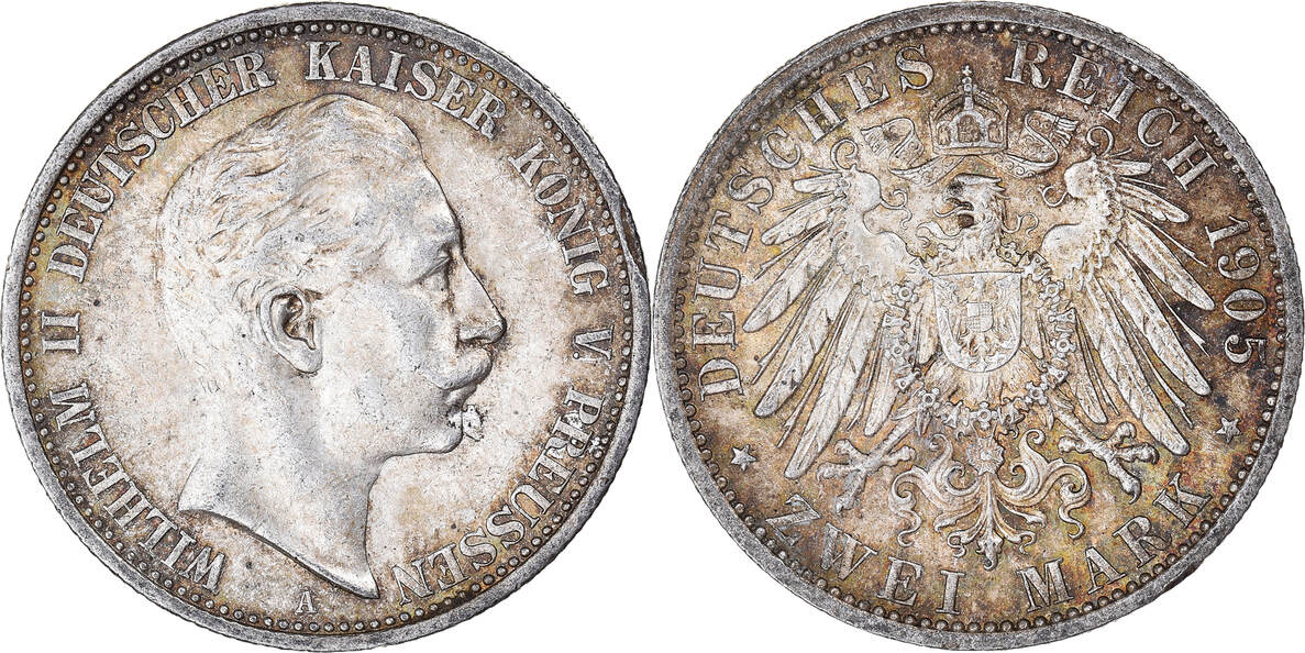 German States 2 Mark 1905 A Coin, PRUSSIA, Wilhelm II, Berlin AU(50-53 ...