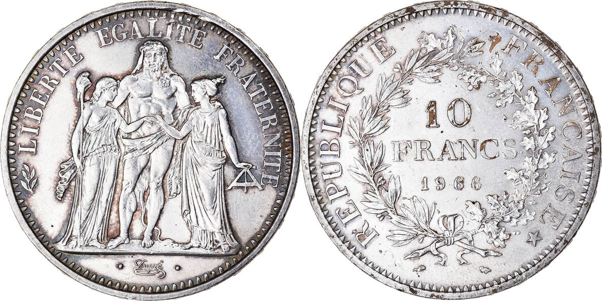 France 10 Francs 1966 Paris Coin, Hercule, Paris, Silver, KM:932 AU(55 ...