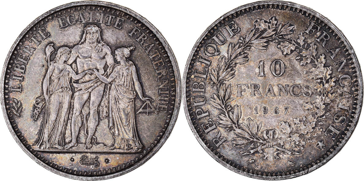 France 10 Francs 1967 Paris Coin, Hercule, Paris, Silver, KM:932 AU(55 ...