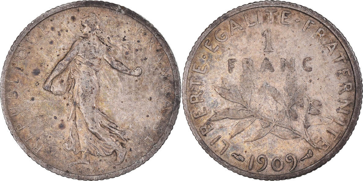 France Franc 1909 Paris Coin, Semeuse, Paris, Silver, KM:844.1 EF(40-45) | MA-Shops