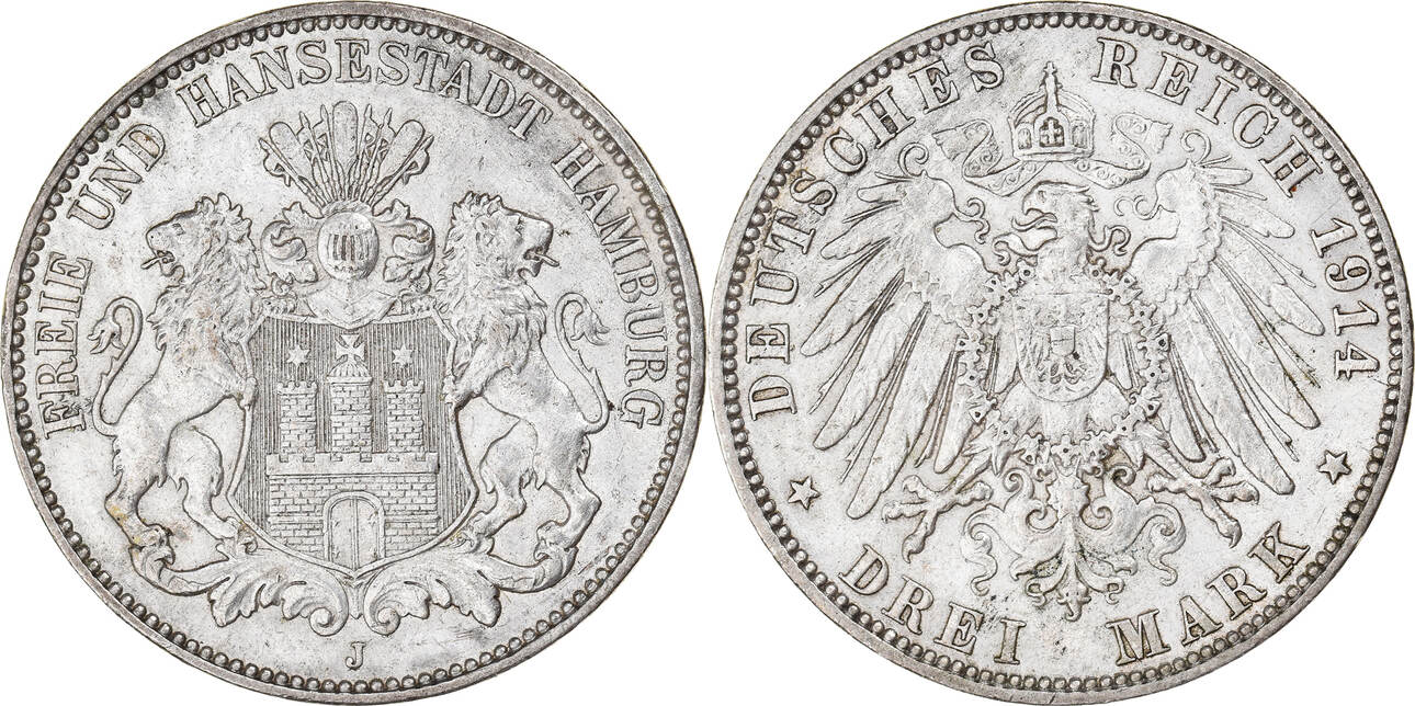 German States 3 Mark 1914 J Coin, HAMBURG, Hamburg, Silver, KM:620 AU ...