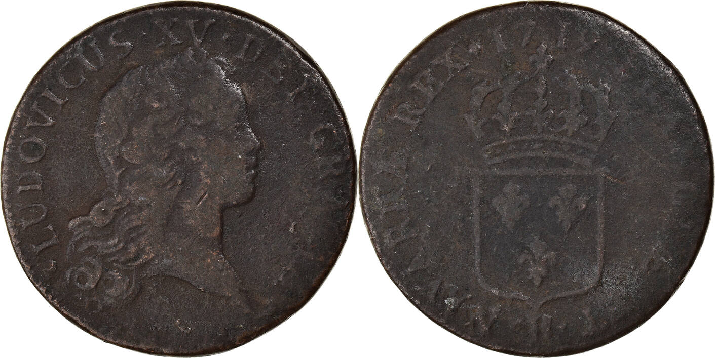 France Sol au buste enfantin 1719 B Coin, Louis XV, Rouen, Copper VF(30 ...