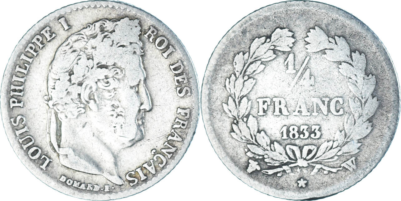 France 1/4 Franc 1833 W Coin, Louis-Philippe I, Lille, Silver VF(30-35 ...