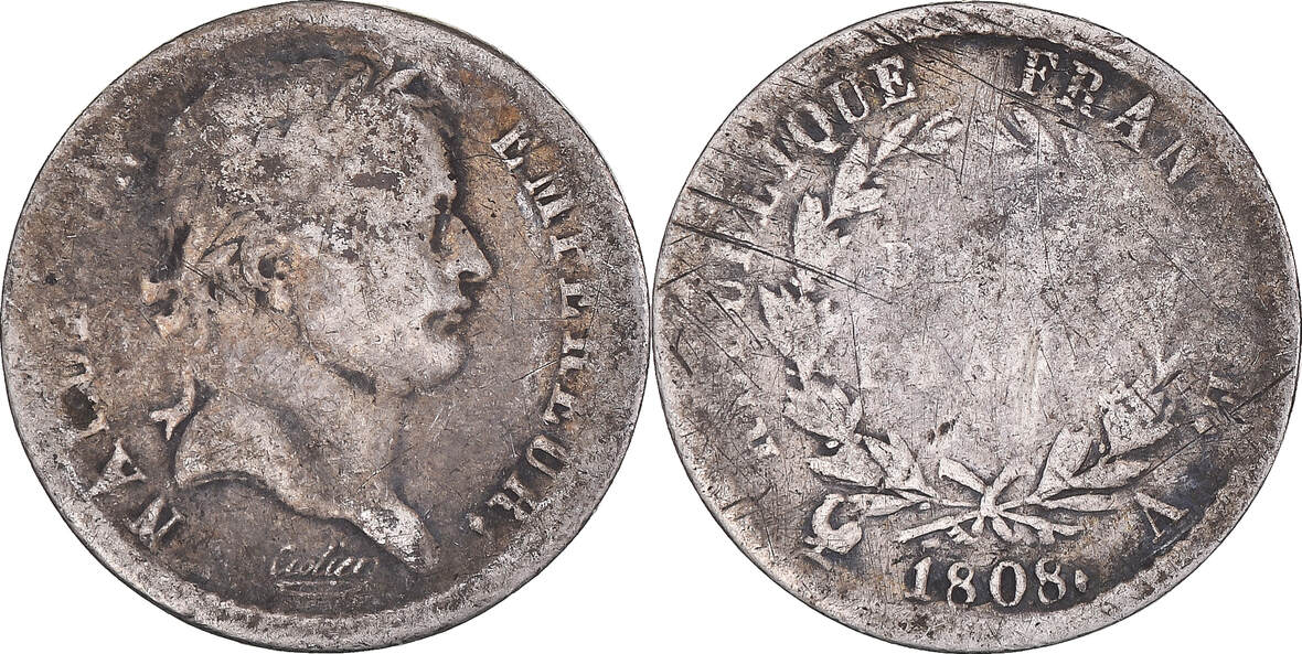 France 1/2 Franc 1808 Paris Coin, Napoleon I, Paris, Silver, KM:680.1 ...