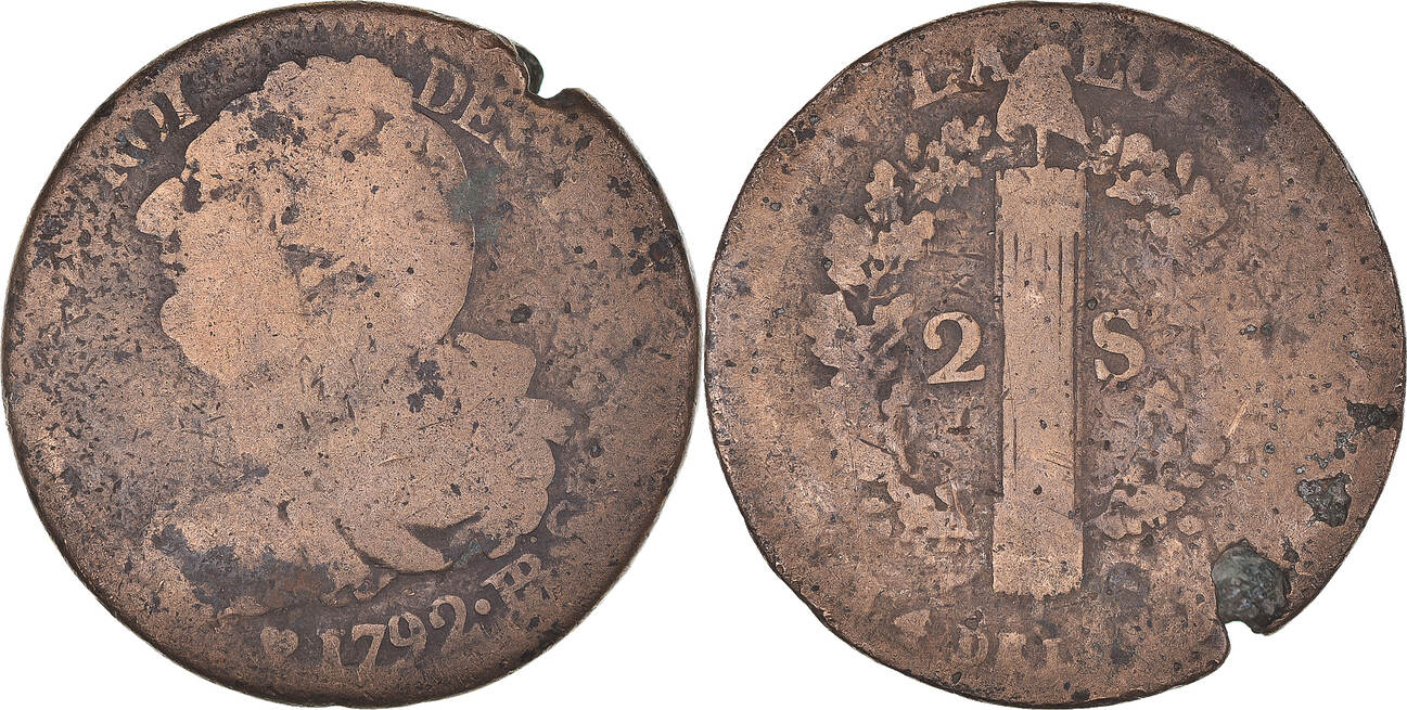 France 2 sols Français 1792 / AN 4 BB Coin, Louis XVI, Strasbourg F(12 ...