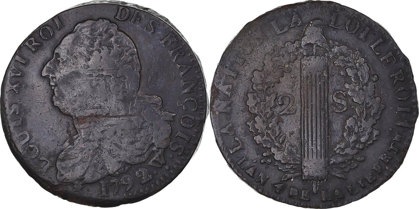 France 2 sols François 1792 / AN 4 Arras Coin, Louis XVI, Arras VF(30 ...