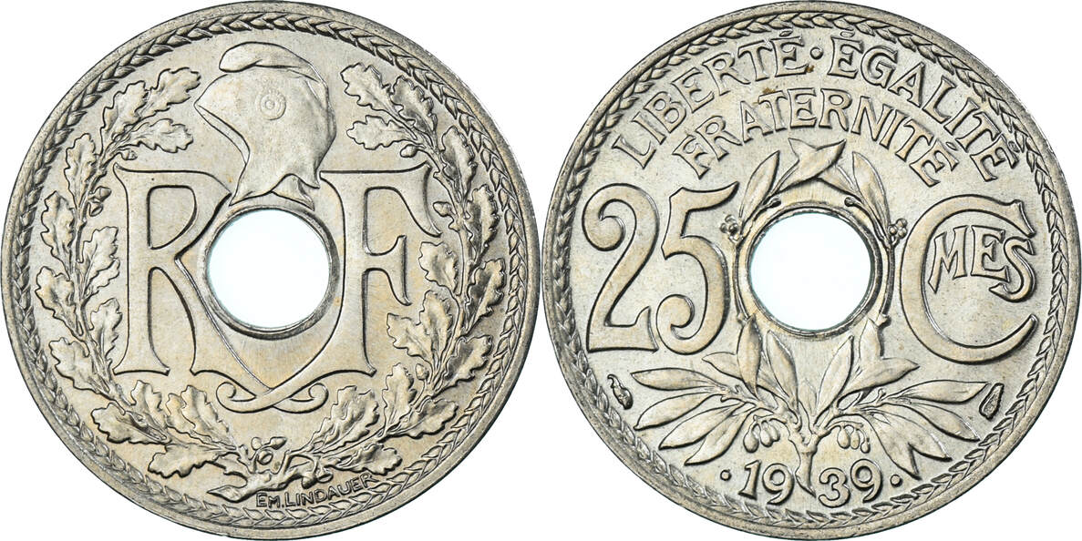 France 25 Centimes 1939 Paris Coin, Lindauer, Paris, Maillechort, KM ...