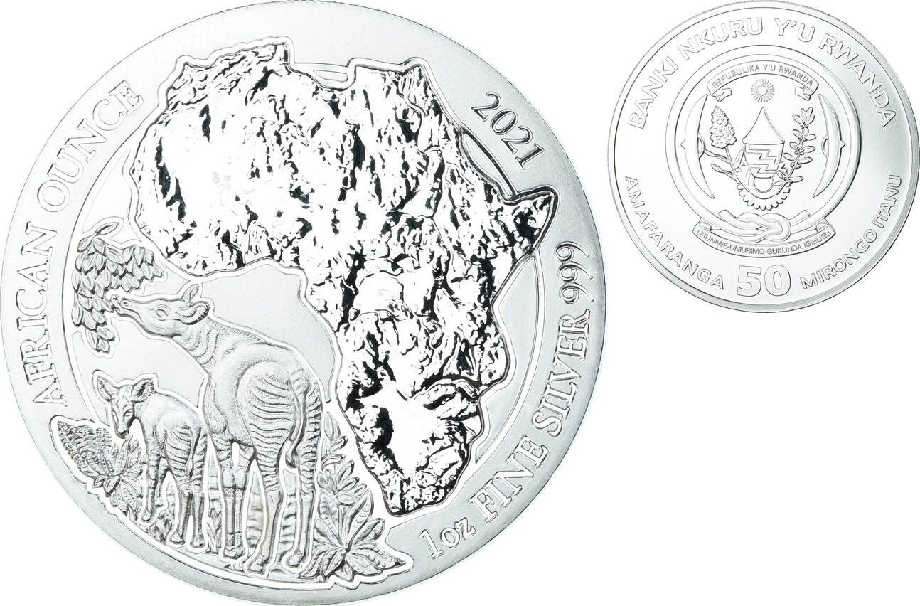 Rwanda 50 amafaranga, 1 Oz 2021 Coin, Okapi, BE, Silver MS(65-70) | MA ...